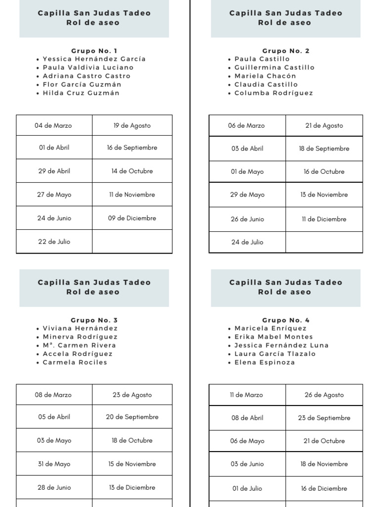 Formato de Rol de Aseo Imprimible | PDF