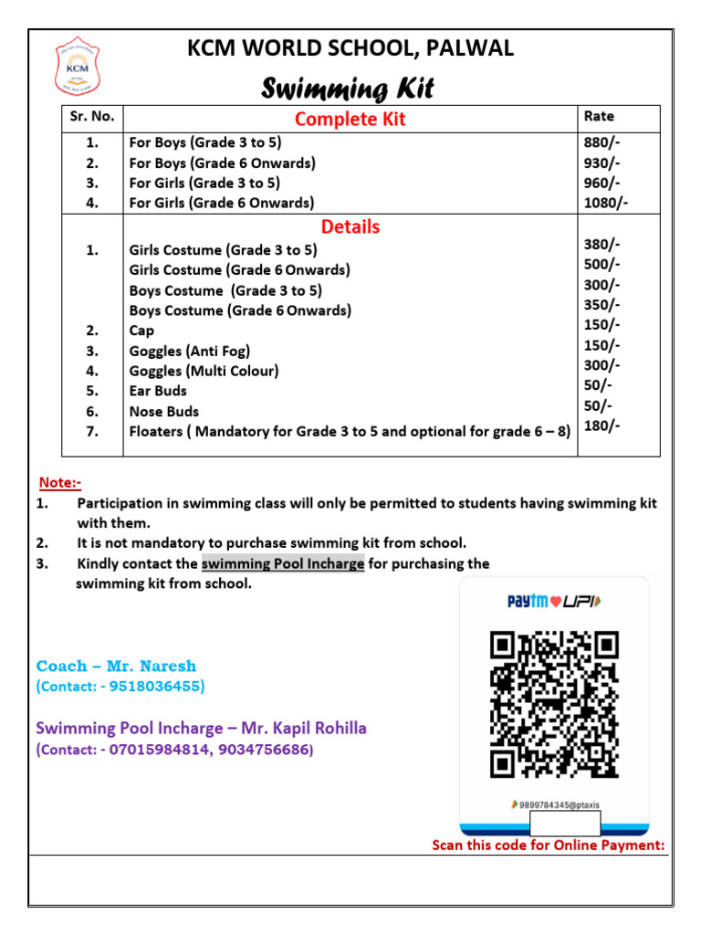 Swimming Rate List Withe QR Code Mayank Sir | PDF