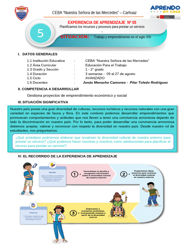 V EXPERIENCIA DE APRENDIZAJE EPT 1° y 2°grado | PDF | Aprendizaje | Iniciativa empresarial