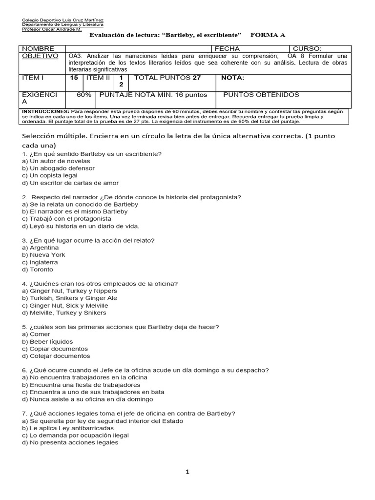 Prueba Bartleby | PDF | Bartleby, The Scrivener