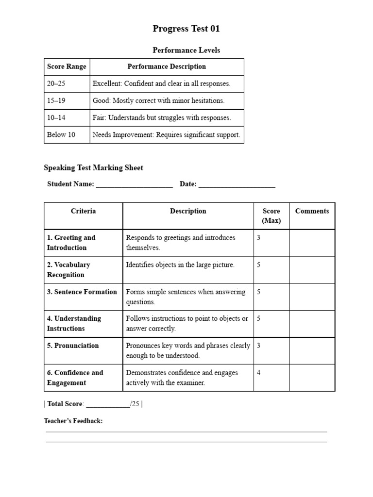 Speaking Test Marking Sheet | PDF
