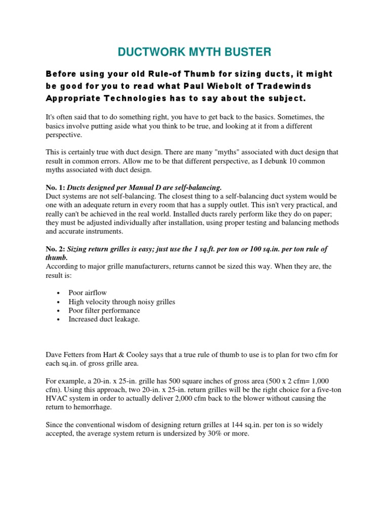 Ductwork Myth Buster | PDF | Duct (Flow) | Hvac