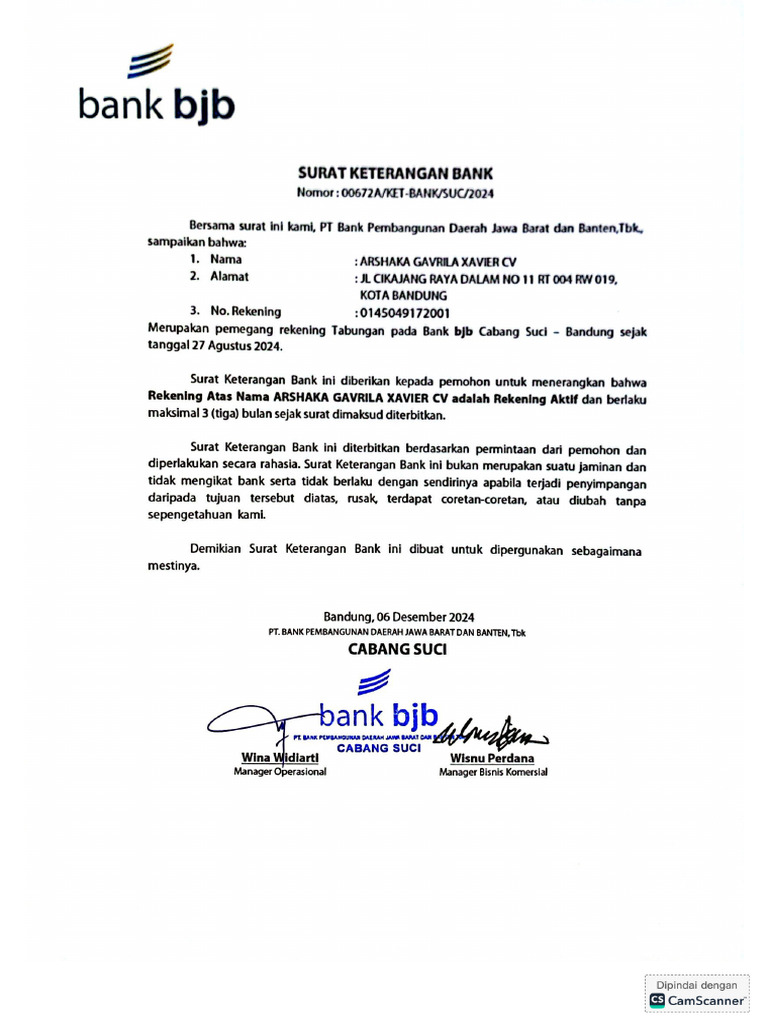 Surat Keterangan Bank BJB Cabang Suci Kota Bandung | PDF