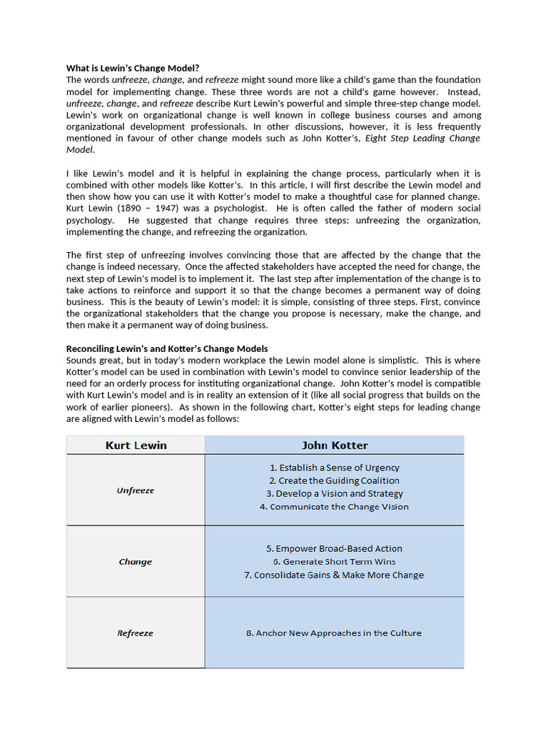 Lewin's Change Model Explained | PDF | Change Management | Applied ...