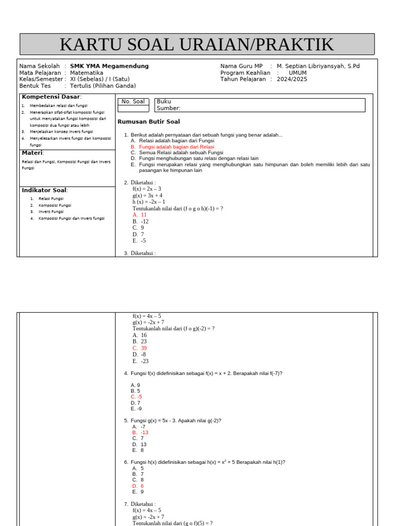 Lampiran 3 - Kartu Soal ASTS Ganjil 2024 - MTK 11 | PDF