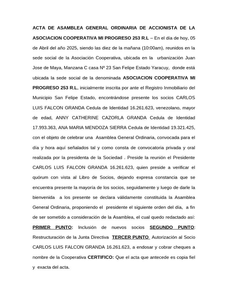 Acta de Asamblea Ordinaria | PDF