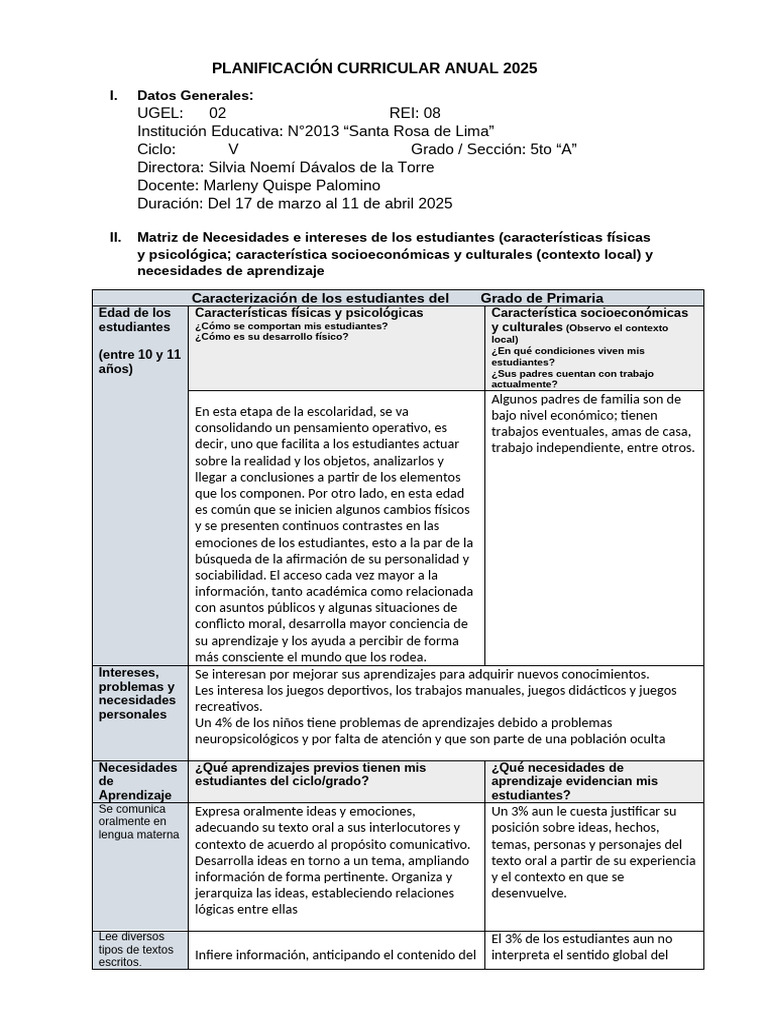 PLANIFICACIÓN CURRICULAR ANUAL 2025 5to A Miss Marleny | PDF | Datos | Aprendizaje