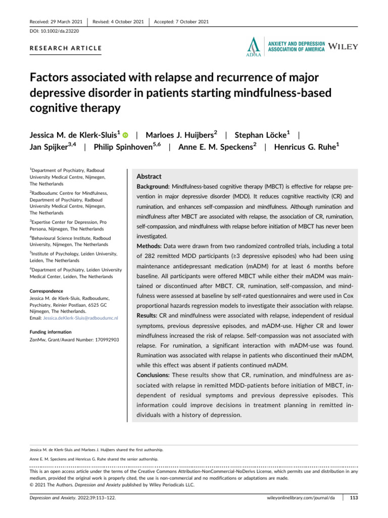 Factors Associated With Relapse and Recurrence of Major Depressive ...