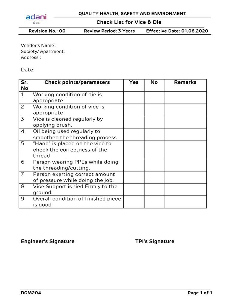 Vice and Die Safety Checklist | PDF