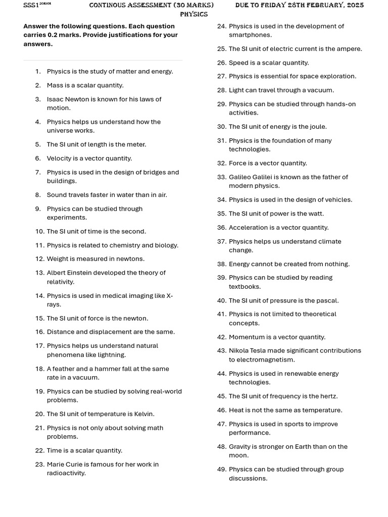 SSS1 Physics First Continous Assessment For First Test | PDF | Physics ...