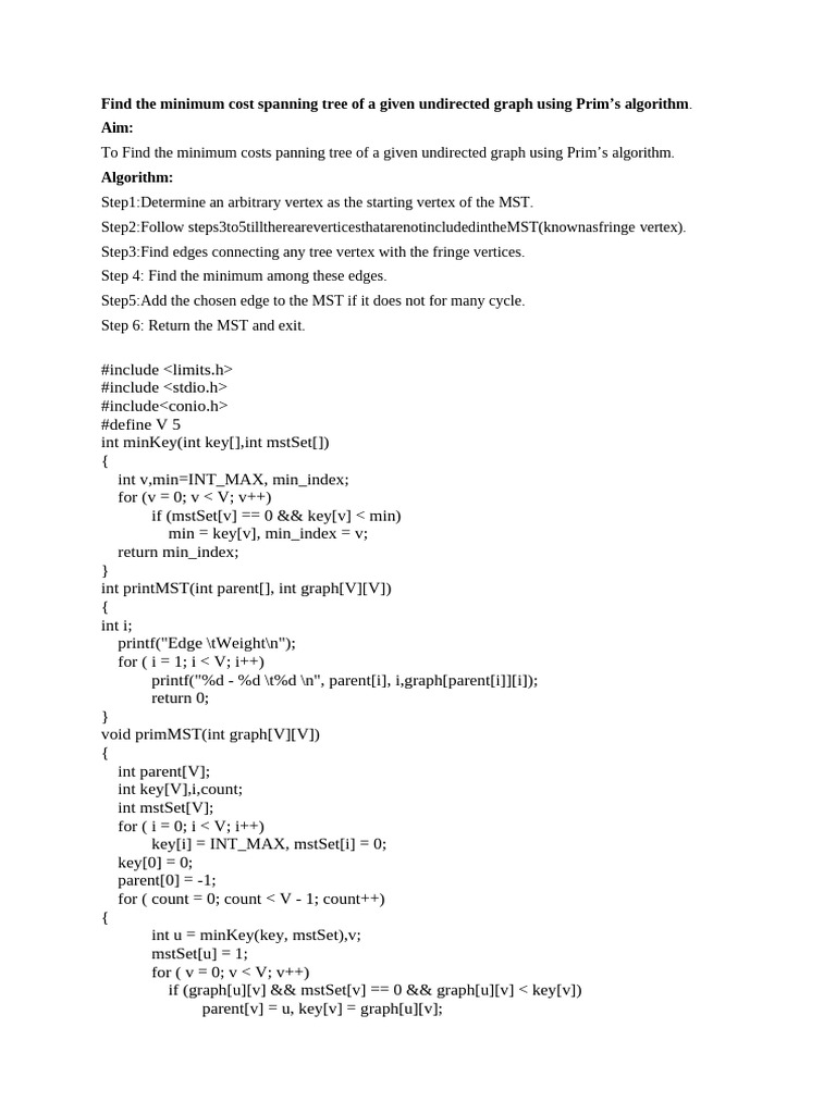 Minimum Cost Spanning Tree with Prim's Algorithm | PDF
