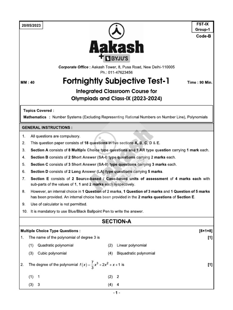 FST-1B (CBSE - G-1) Maths (C-09) (20-05-2023) | PDF