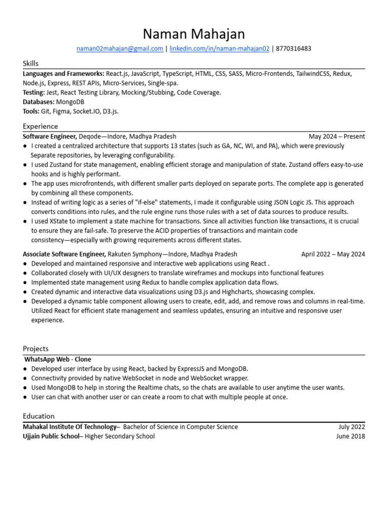 Software Engineer (React) - Naman Mahajan PDF | PDF | Mongo Db | Mobile App