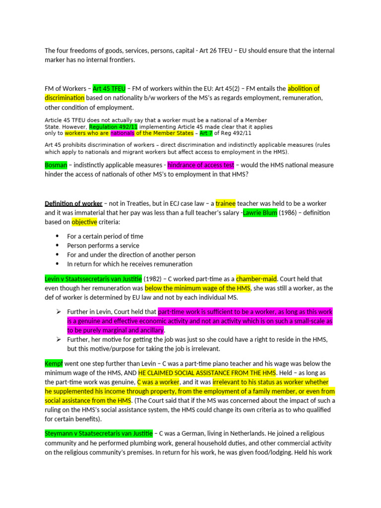Note On Free Movement of Workers | PDF | European Union Law | Justice