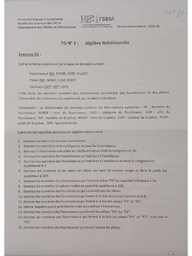 TD 1 Algèbre Relationnelle | PDF