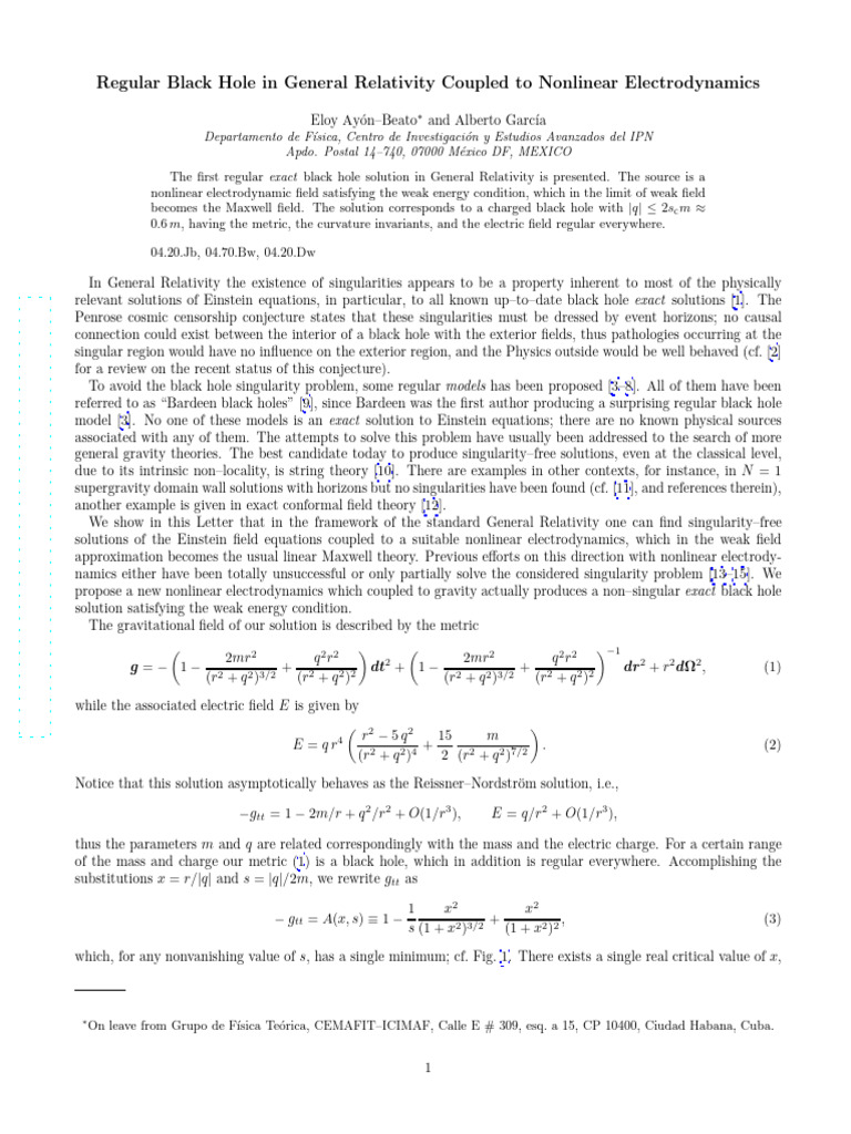 Regular Black Hole in General Relativity Coupled to Nonlinear Electrodynamics | PDF | General ...