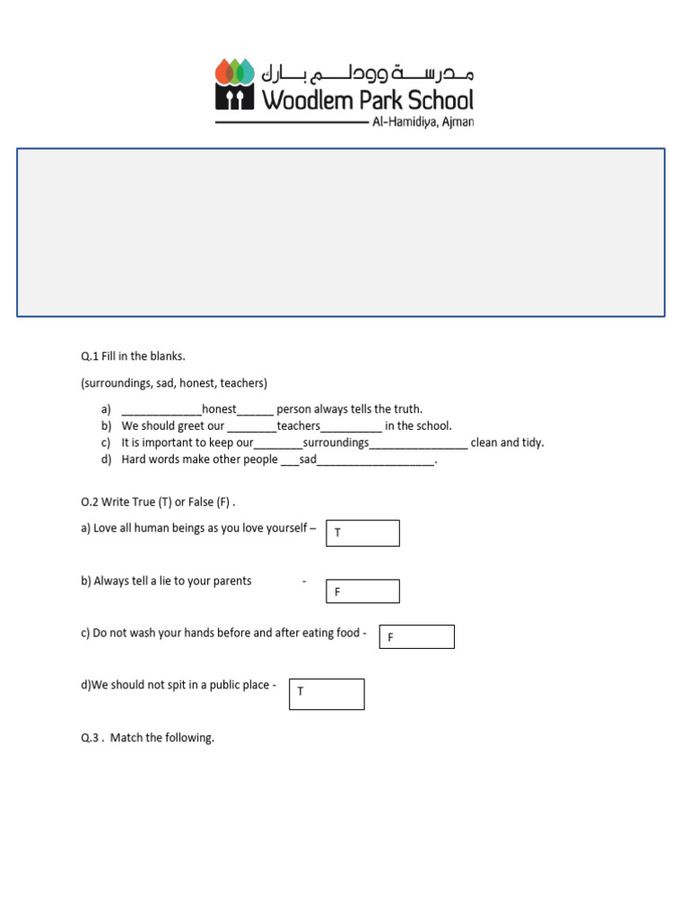 Value Education Worksheet for Grade 1 | PDF