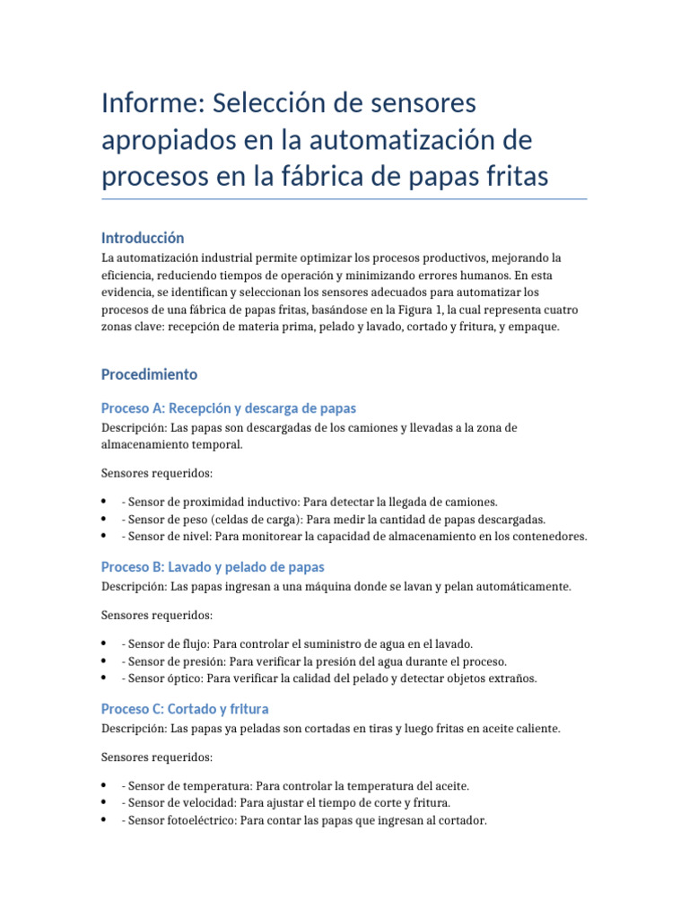 Informe Sensores Papas Fritas | PDF | Sensor | Papas fritas