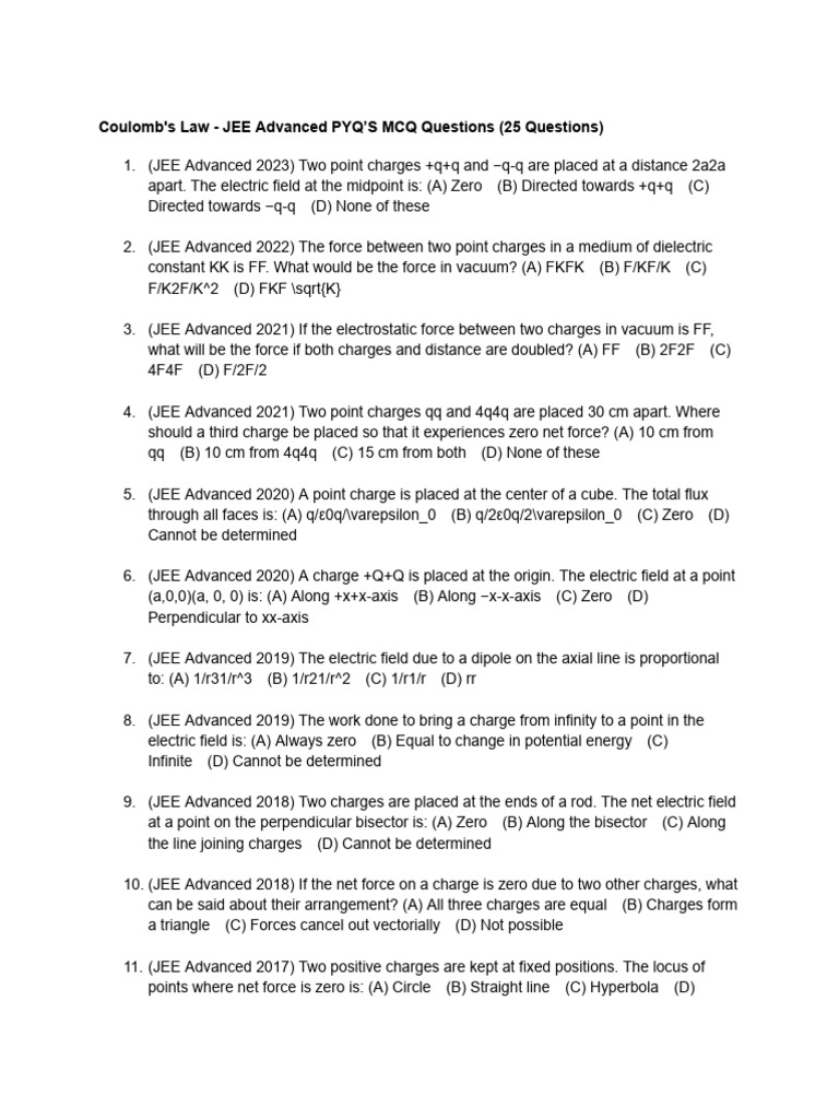 Coulomb's Law - JEE Advanced PYQ'S MCQ Questions (25 Questions) | PDF | Force | Electric Field