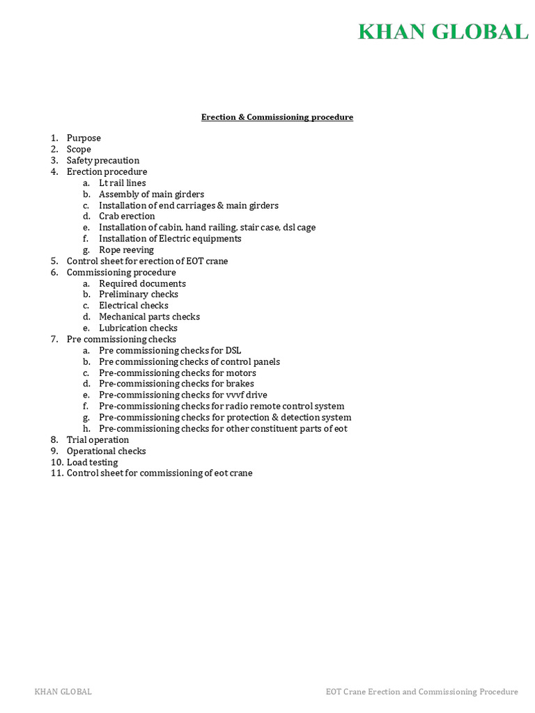 ERECTION - COMMISSIONING-PROCEDURE-for-EOT-Cranes-KHAN GLOBAL | PDF | Electrical Wiring | Crane ...