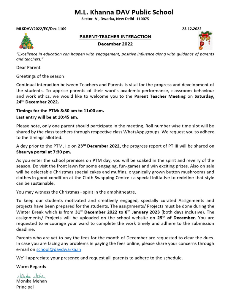 Parent-Teacher Meeting Notice - Dec 2022 | PDF