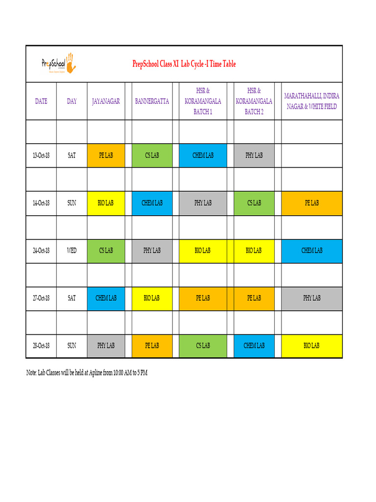 Class XI Lab Cycle I Time Table | PDF