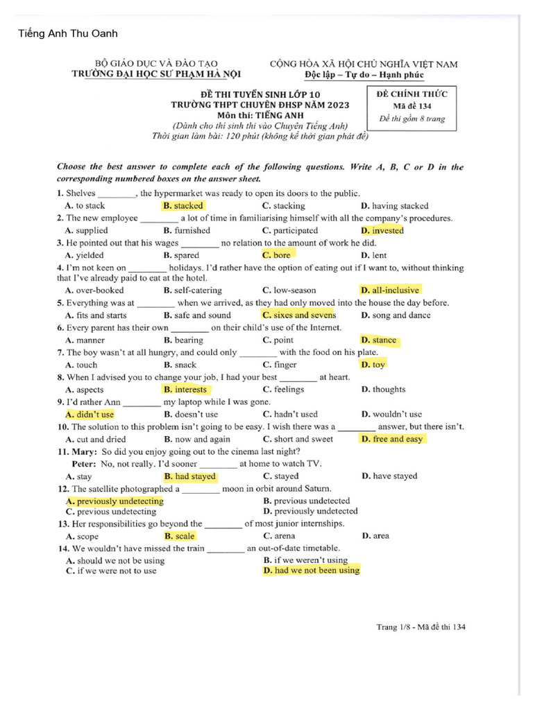 Đề thi chuyên Anh sư phạm 2023 2024 cô Thu Oanh | PDF