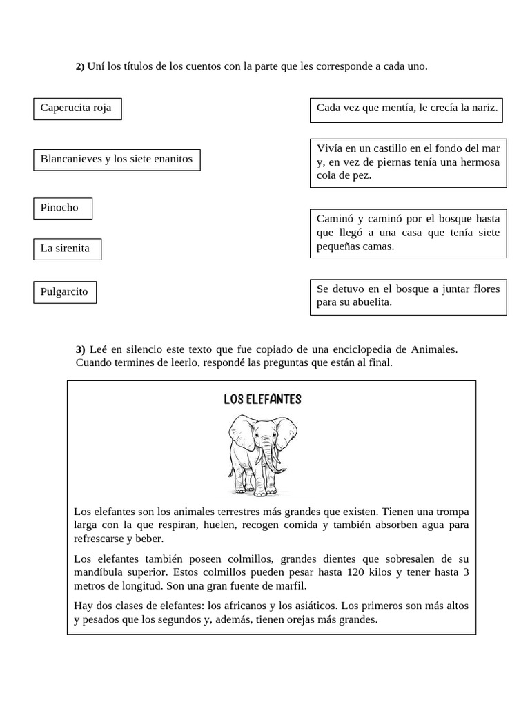 Examen de comprensión: cuentos y elefantes | PDF