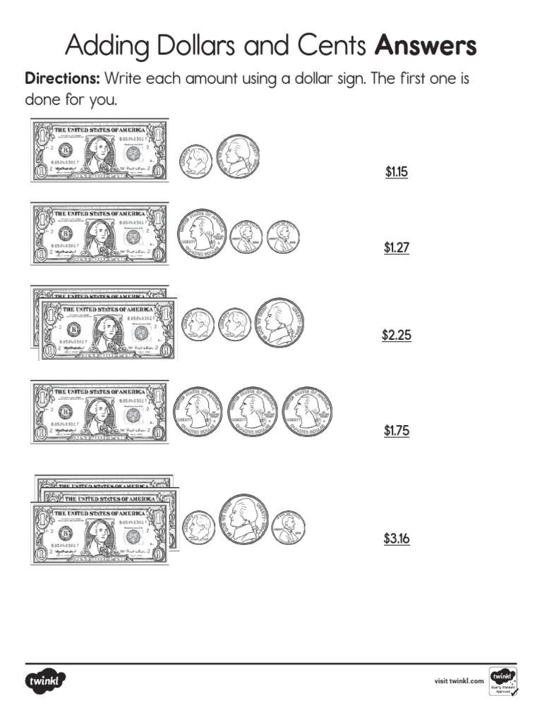 Answer Key Second Grade Adding Dollars and Cents | PDF