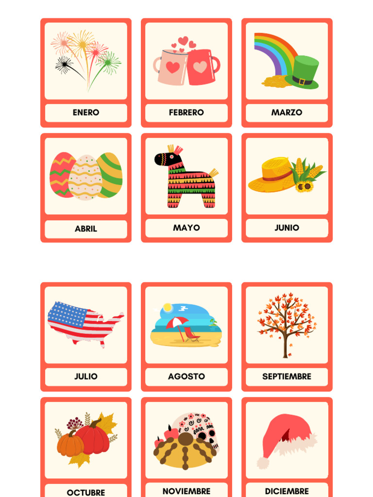 Los Meses Del Año Tarjetas Didácticas Rojo Y Amarillo Ilustrativo | PDF