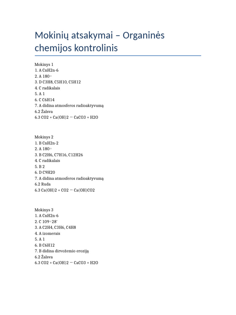 Mokiniu Kontroliniai Organine Chemija | PDF