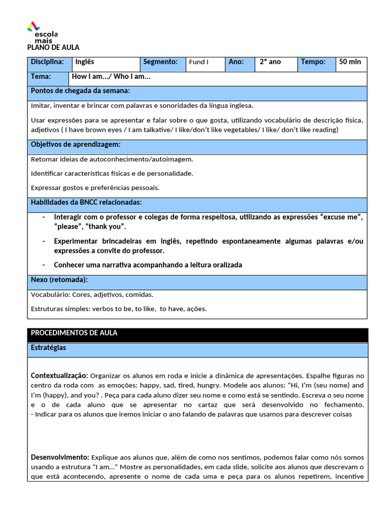 EN02 - SD1.1 - A - PLANO DE AULA - Who I Am - 2025 | PDF