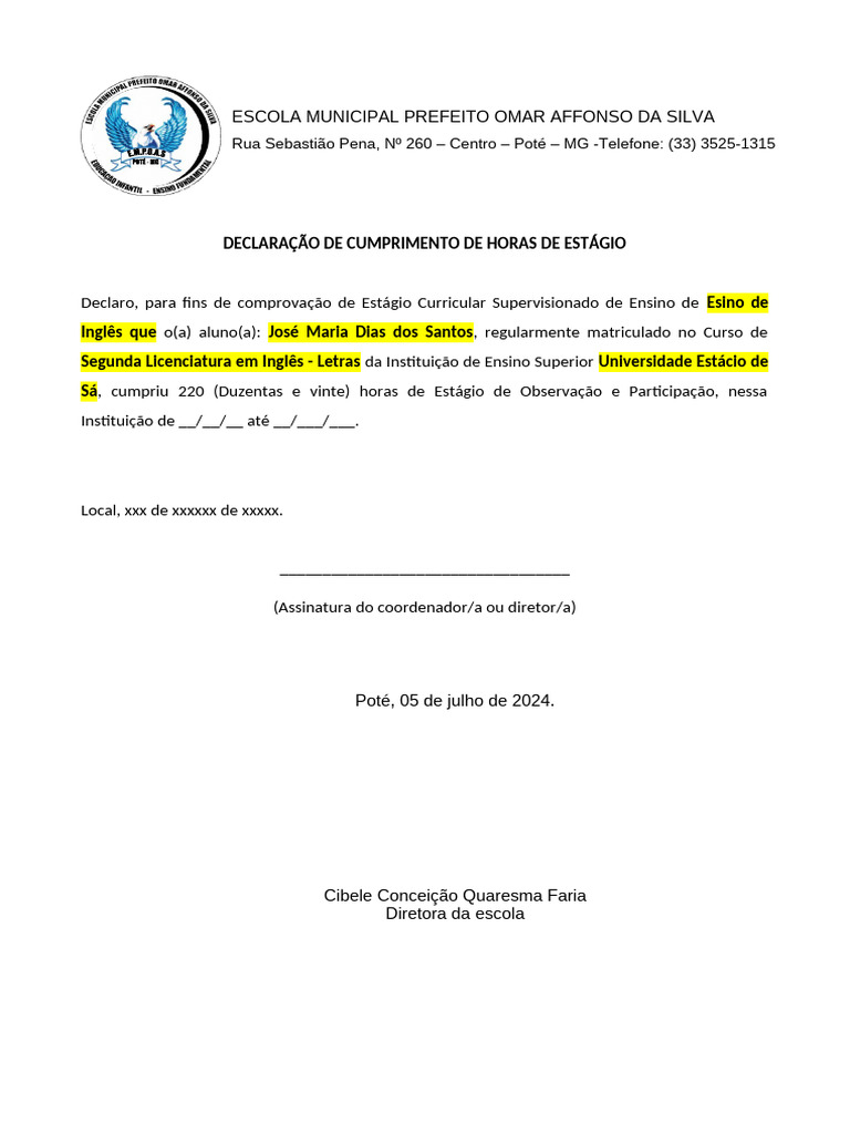 Declaração Estágio Estácio Pdf