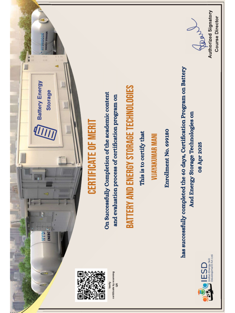 Certificate of Merit - Program On Battery & Energy Storage Technologies (BESS) | PDF