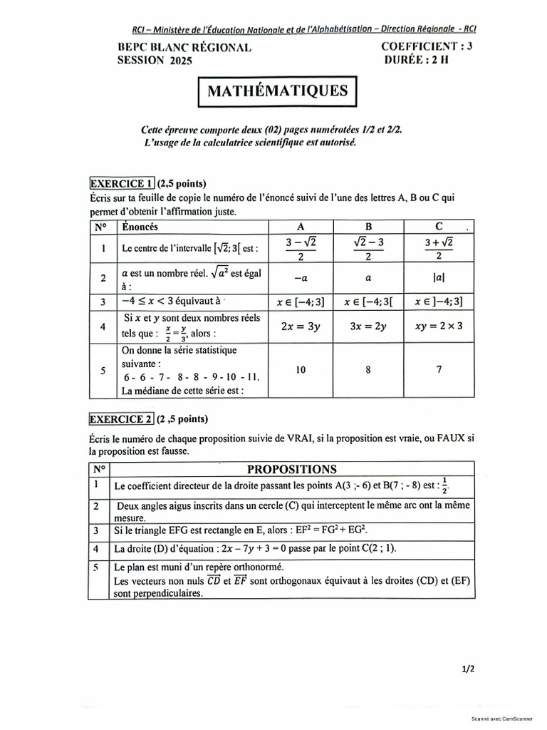 Sujet BEPC Maths | PDF