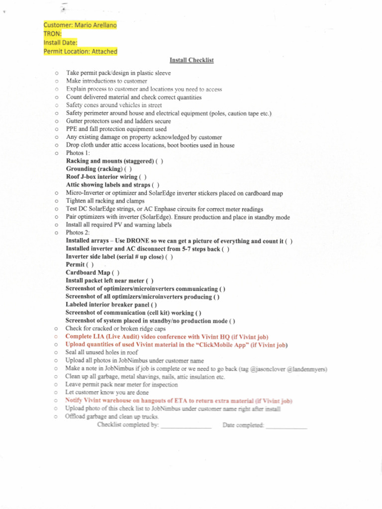 Solar Install Checklist Template | PDF