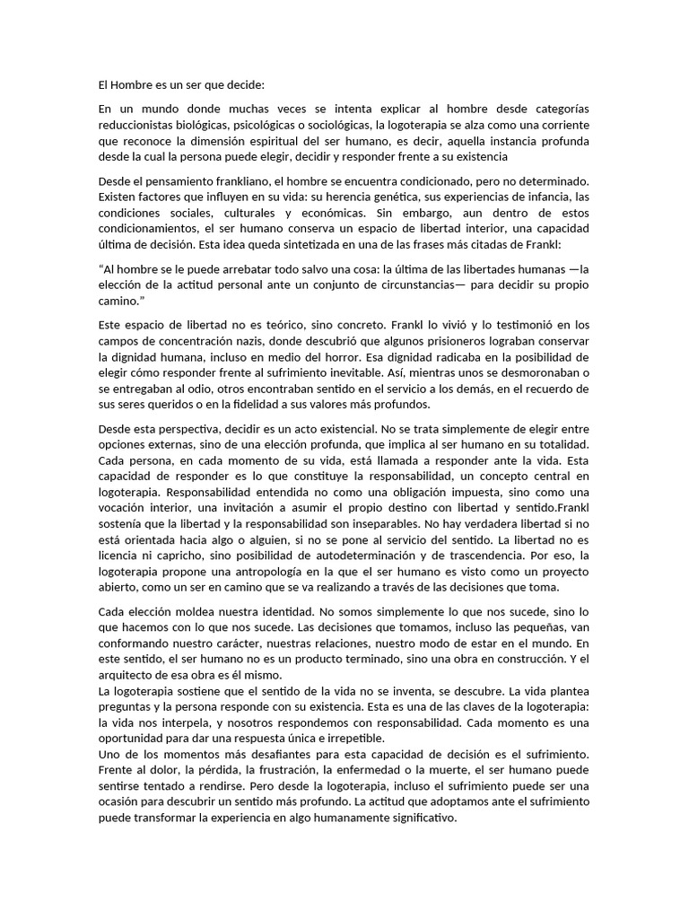 El Hombre Es Un Ser Que Decide - Logoterapia | PDF | Sicología