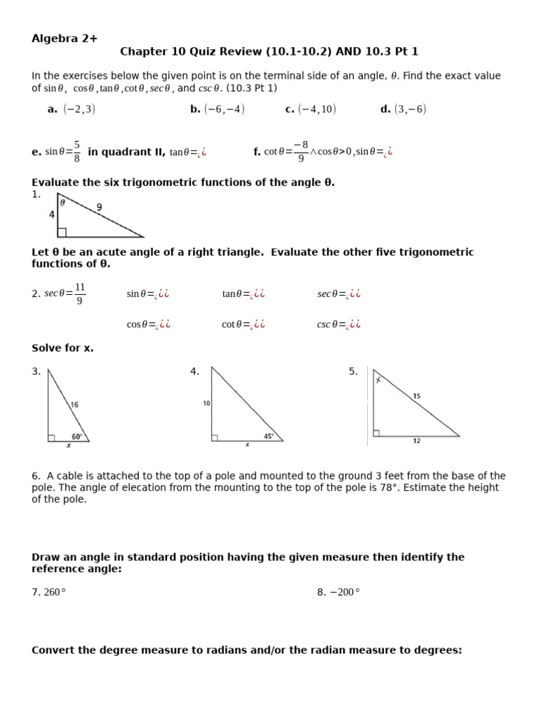 Quiz Review HW (10.1-10.2) and 10.3 PT 1 | PDF