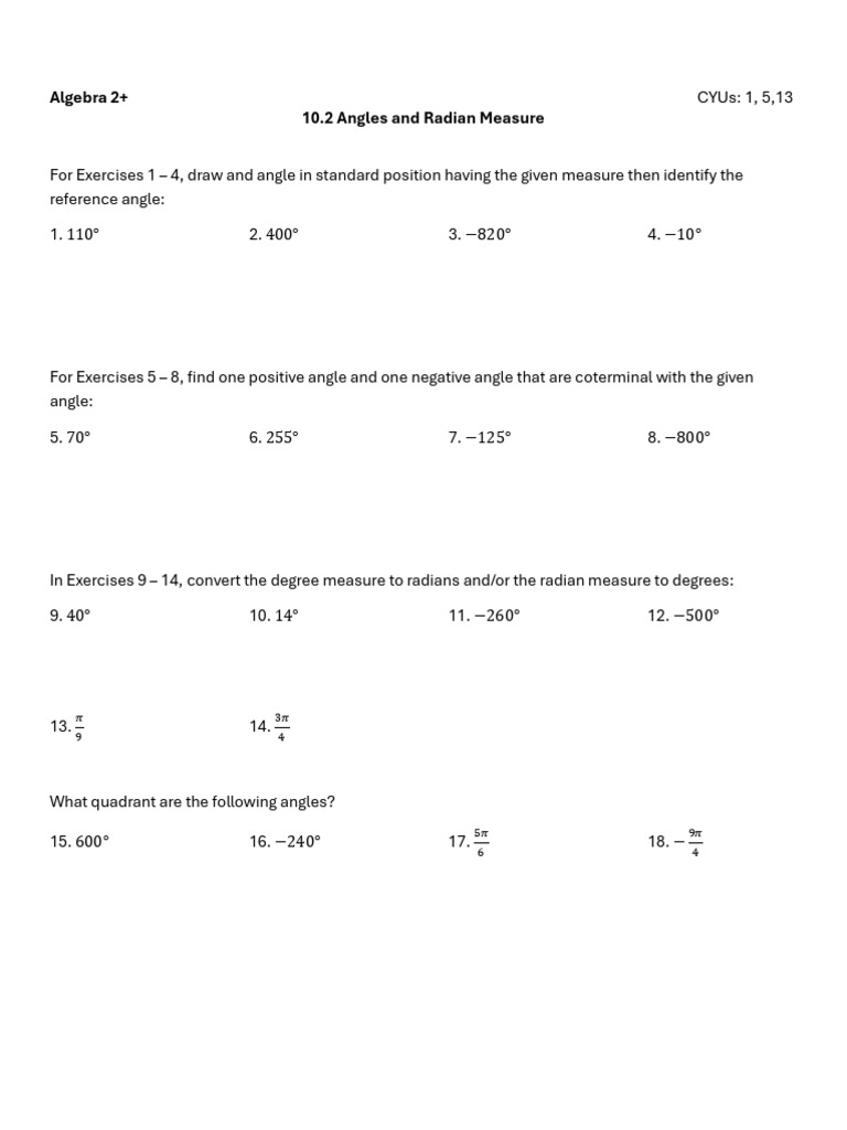 Algebra 2+ 10.2 Angles and Radian Measure | PDF