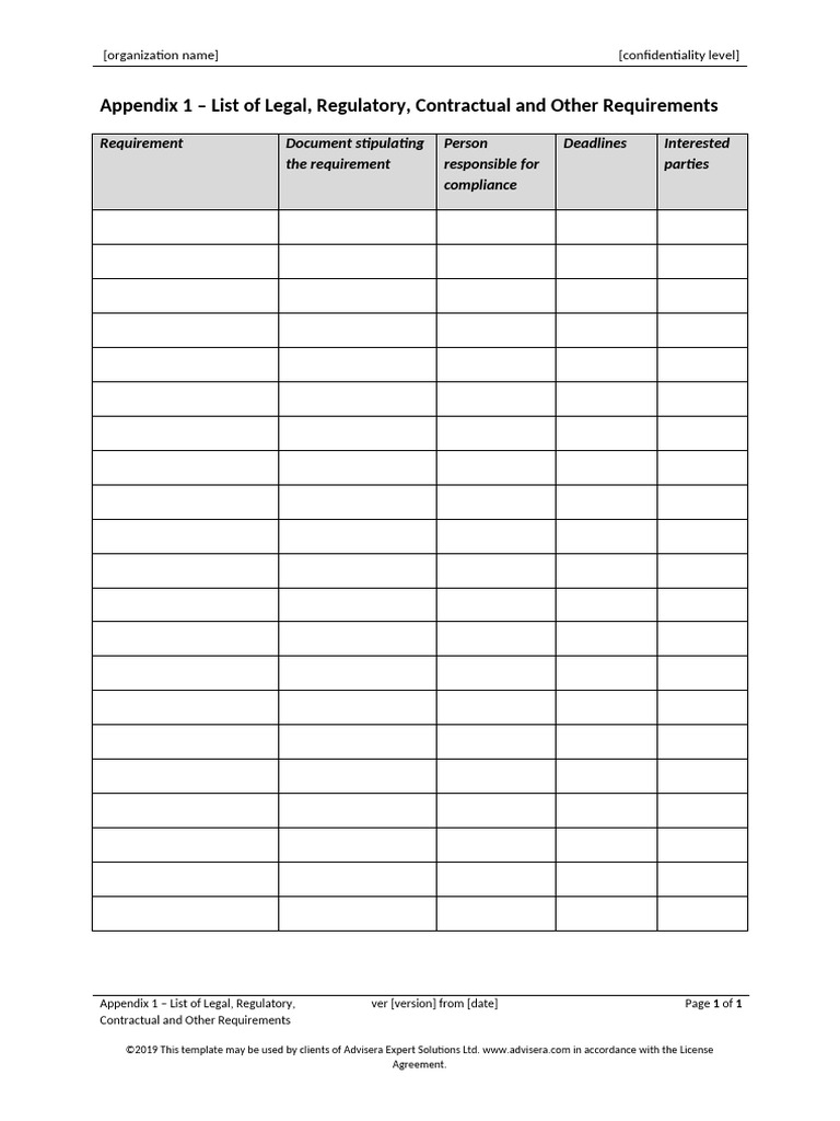 02.1 Appendix 1 List of Legal Regulatory Contractual and Other Requirements 27001 en | PDF