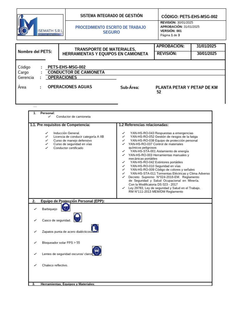 Pets-Ehs-Msg-002 Transporte de Materiales, Herramientas y Equipos en Camioneta | PDF | Seguridad ...