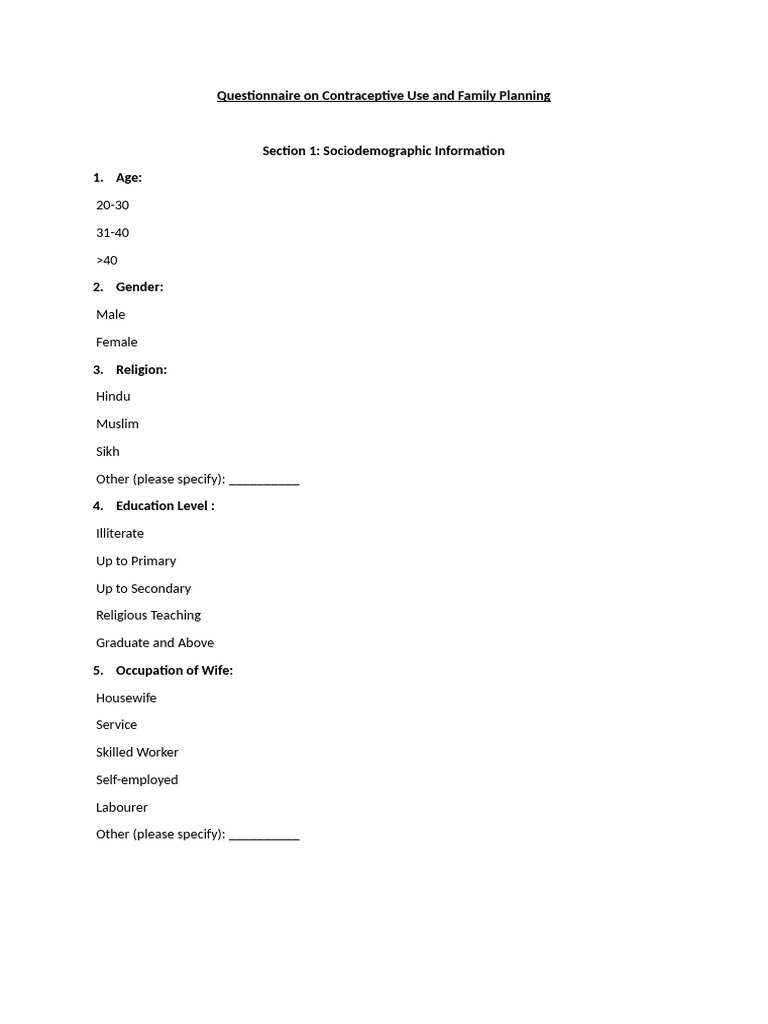 Questionnaire Reproductive Health | PDF