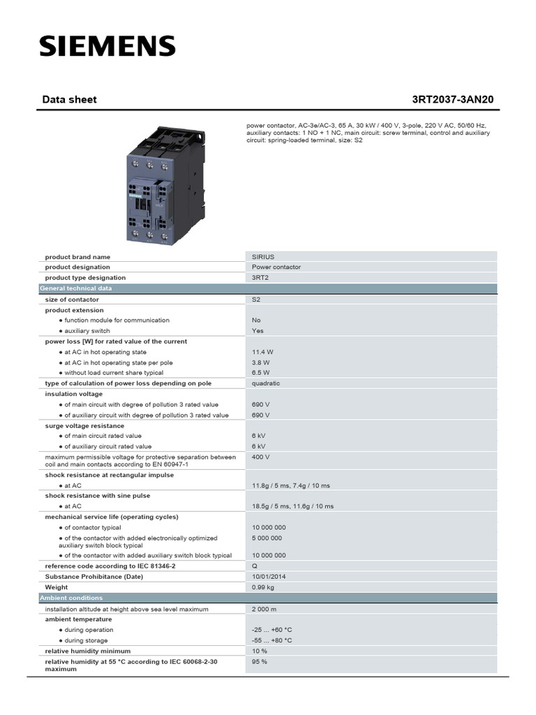 Datasheet Simens Contactor | PDF | Alternating Current | Inductor