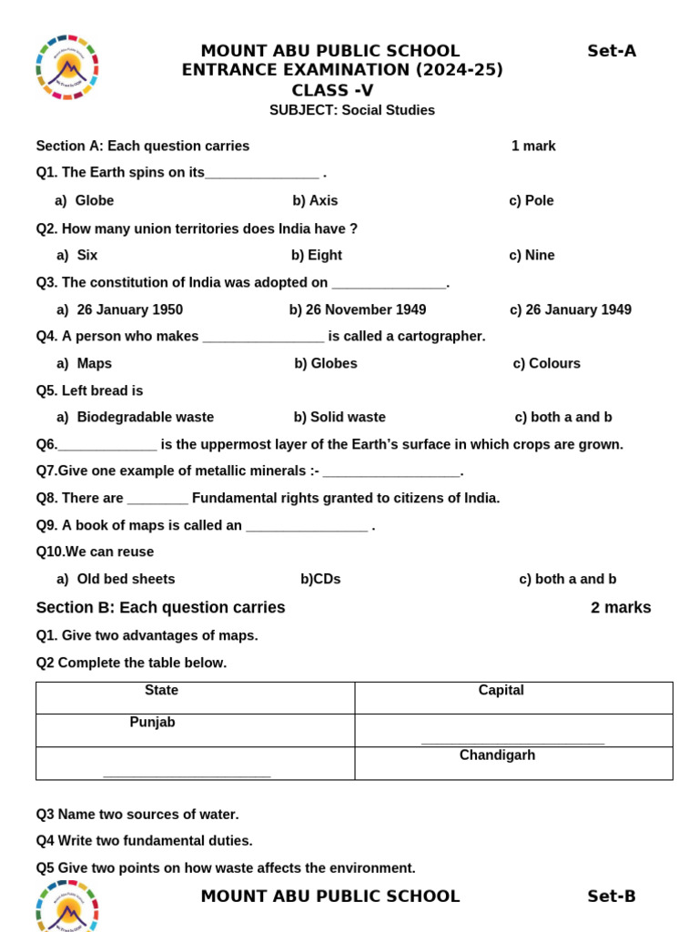 SST Enterance Paper For Class 5 2024-25 | PDF | Earth Sciences | Materials