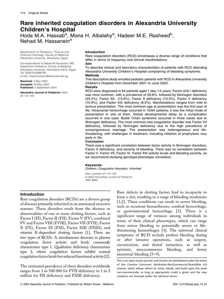 Rare Inherited Coagulation Disorders in Alexandria.6 | PDF | Bleeding ...