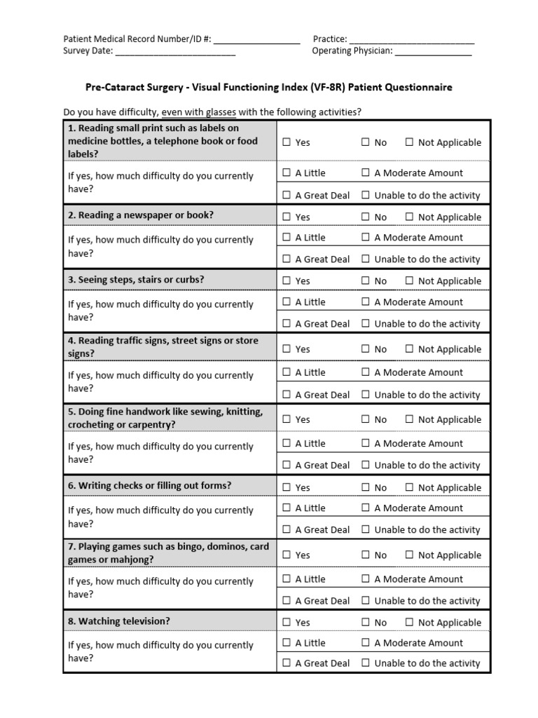 Pre-Cataract VF-8R Questionnaire | PDF | Social Programs | Health Sciences