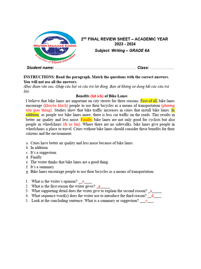 24-25 S2 - 6a - Writing - Revision | PDF | Linguistics | Grammar