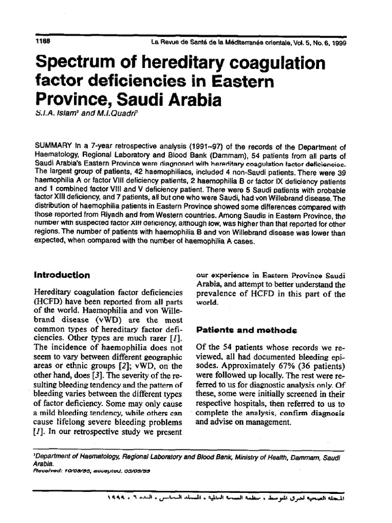 1999. Spectrum of hereditary coagulation factor deficiencies in eastern ...