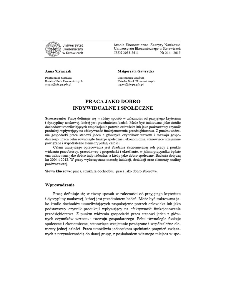 Praca Jako Dobro Indywidualne I Spo Eczne: Anna Szymczak Ma Gorzata Gawrycka | PDF