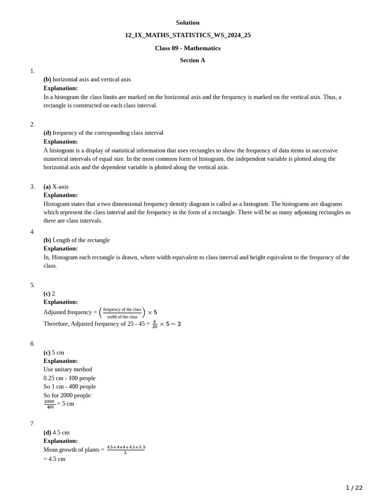 IX - Div B - Maths - Solution - 12 - IX - MATHS - STATISTICS - WS - 2024 - 25 - Compressed | PDF ...